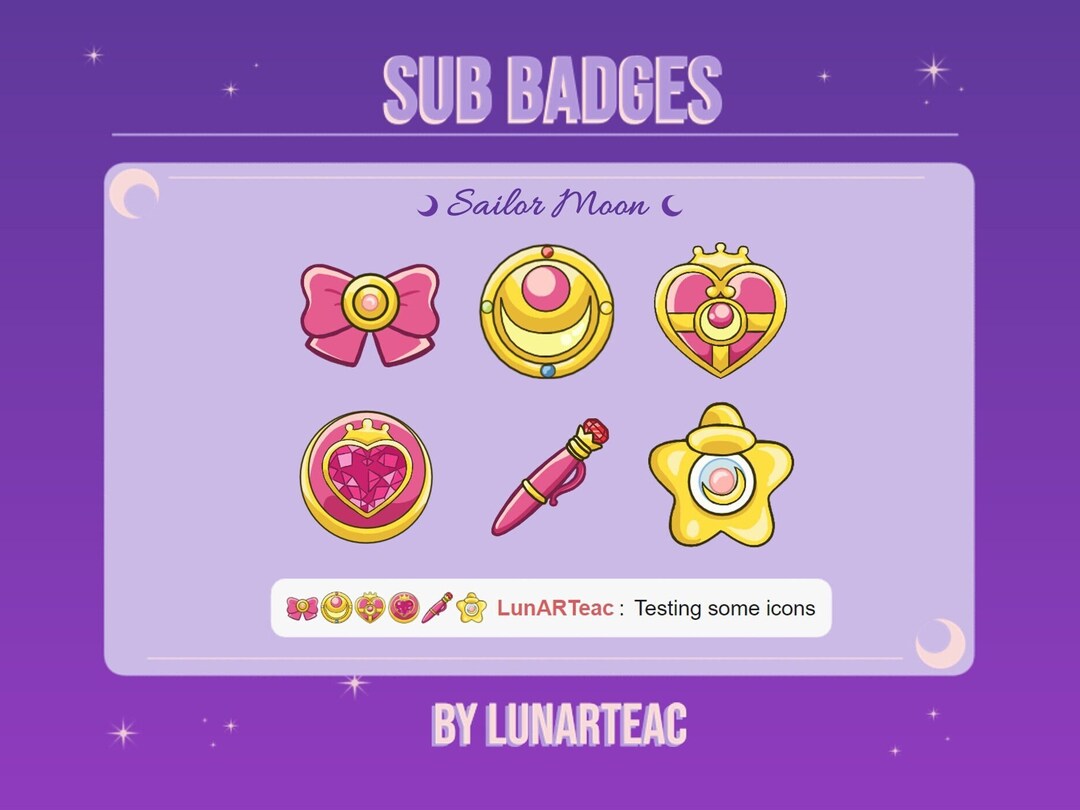 6 Twitch Sub Badges Sailor Moon Bit Badges Brooch Pretty Kawaii Cute ...