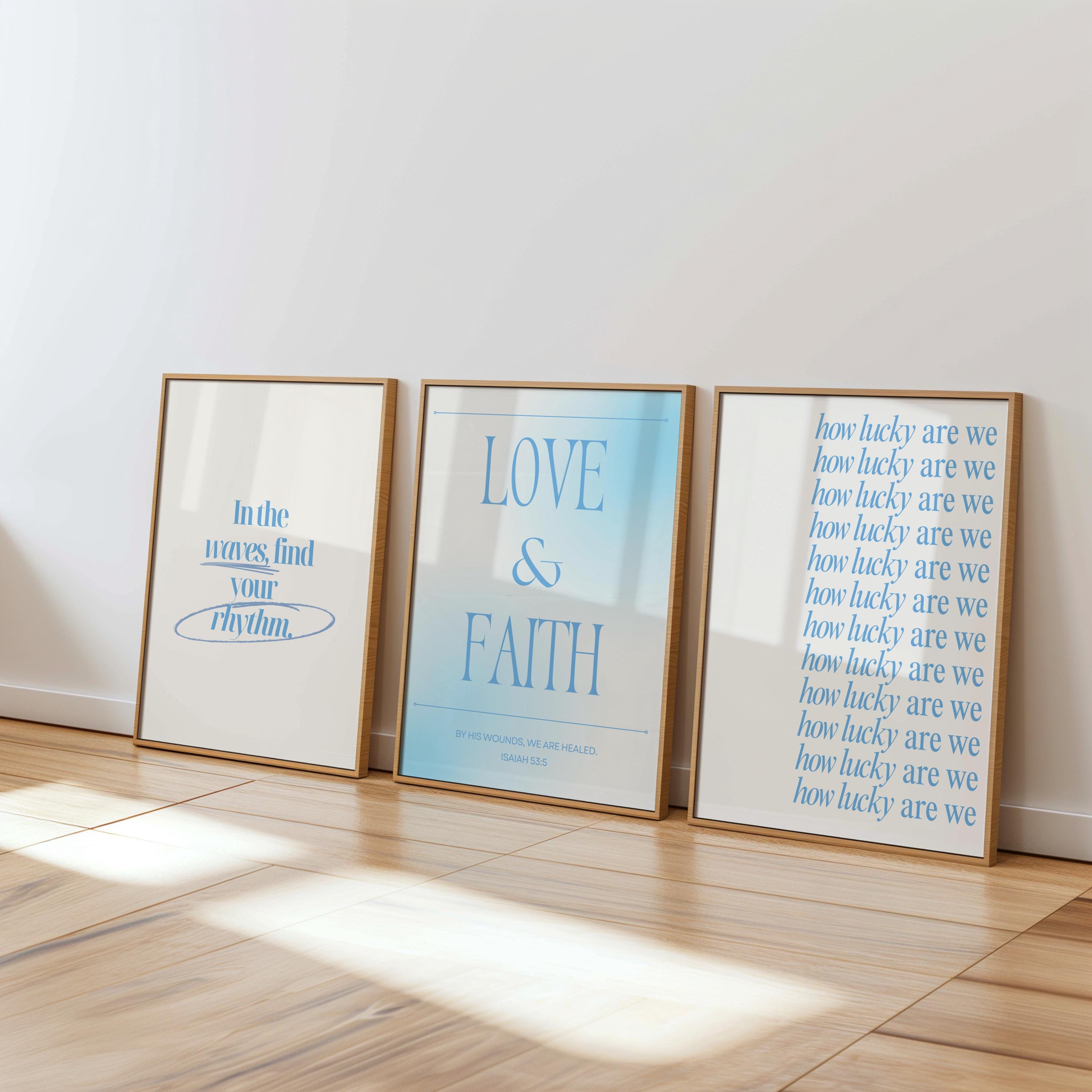 Beachy Wall Art Set of 3 Light Blue Christian Coastal Wall Art ...