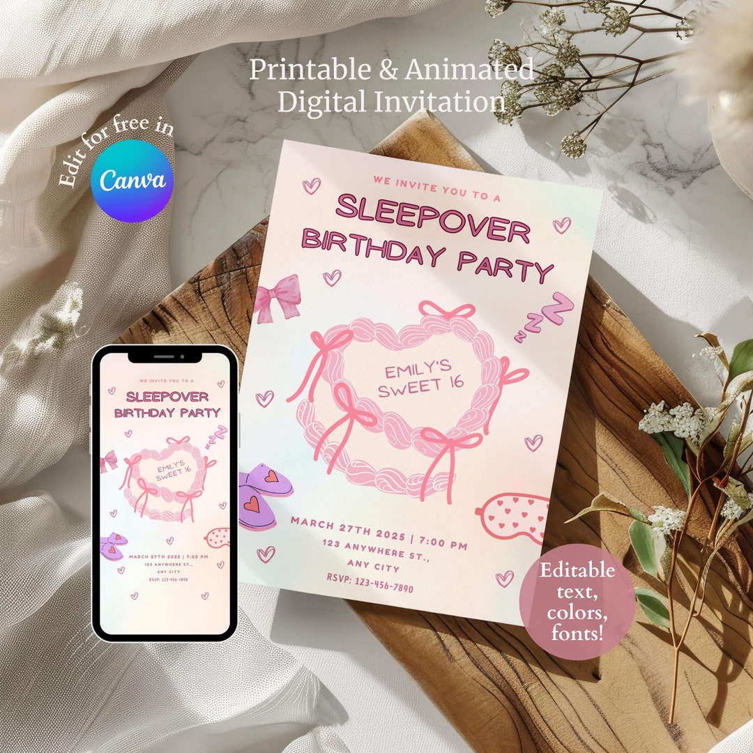 Pink Sleepover Birthday Invitation, Printable Sweet 16th Birthday Party ...