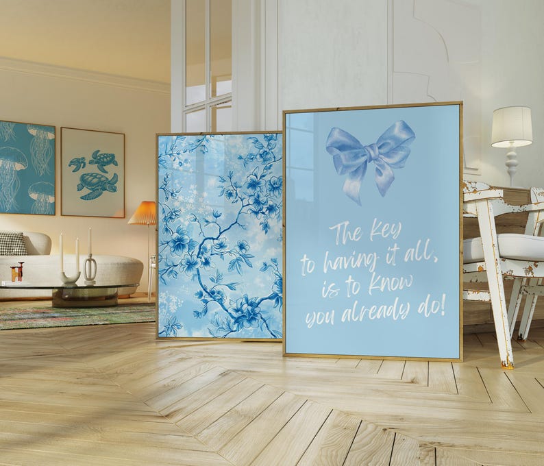 Chinoiserie Wall Art Set of 3 Light Blue Floral Pattern Prints Vintage ...