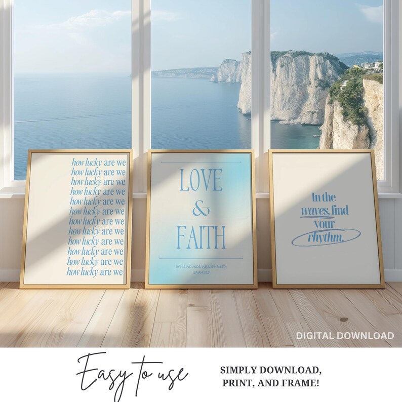 Beachy Wall Art Set of 3 Light Blue Christian Coastal Wall Art ...
