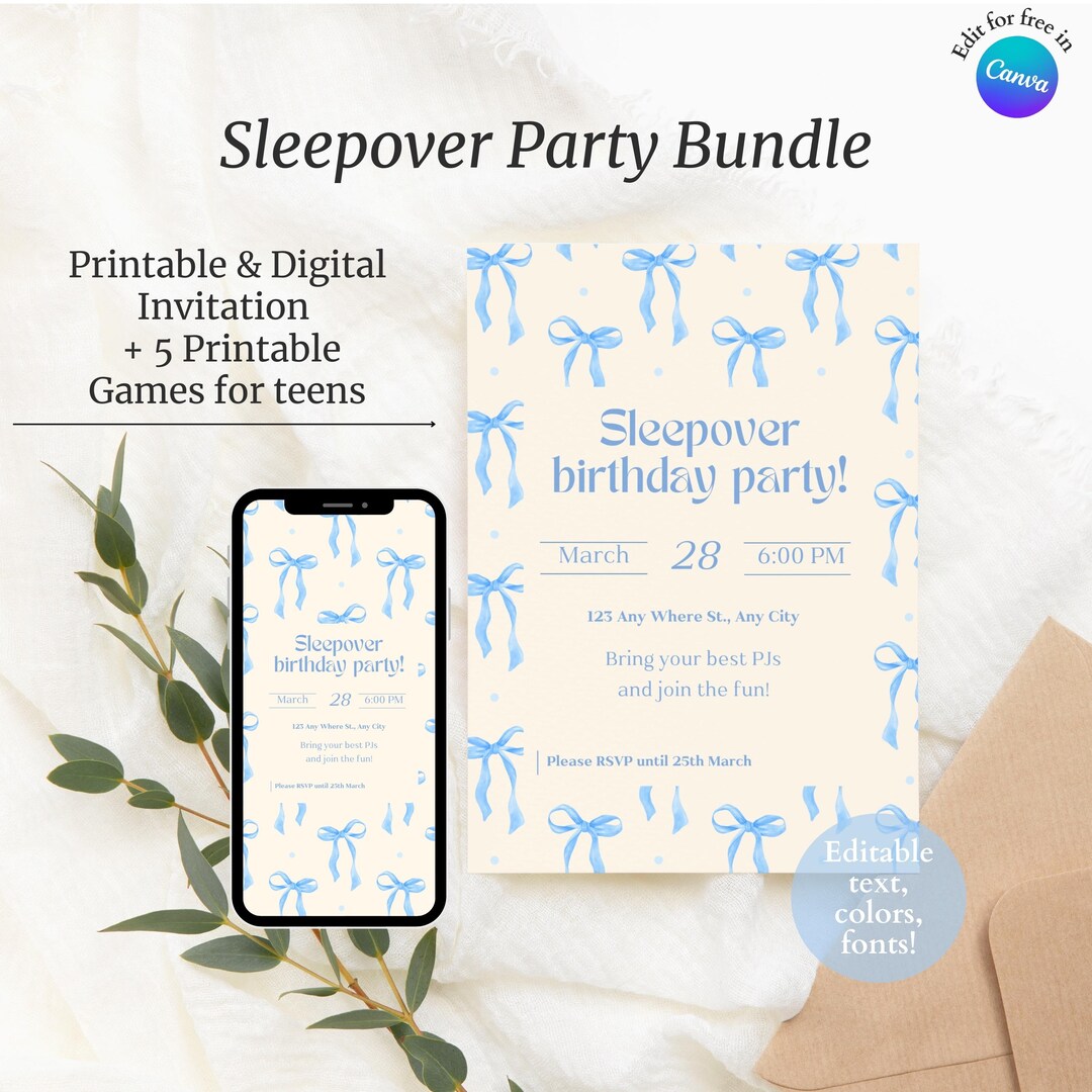 Blue Sleepover Birthday Invitation Pack + Printable Slumber Games for ...