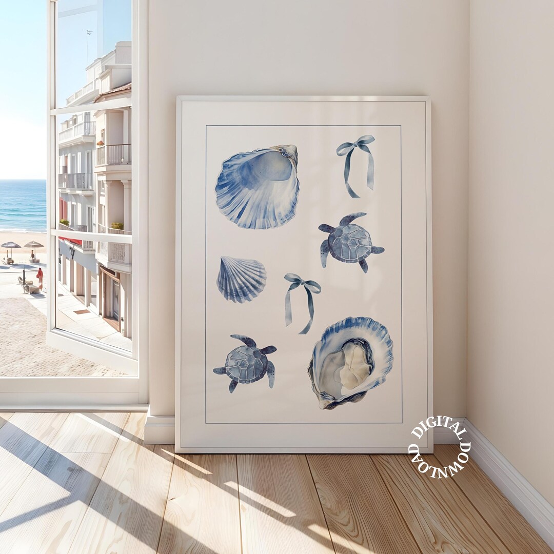 Seashell Print Blue Coastal Wall Art Nautical Coquette Poster Coastal ...