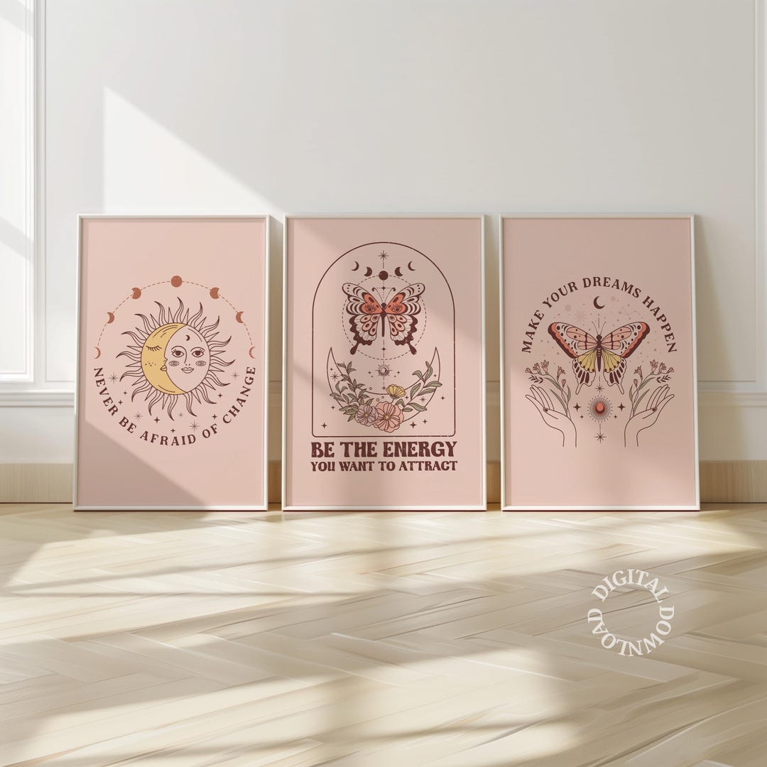 Tarot Wall Art Set of 3, Boho Celestial Print Eclectic Dorm Decor Pink ...