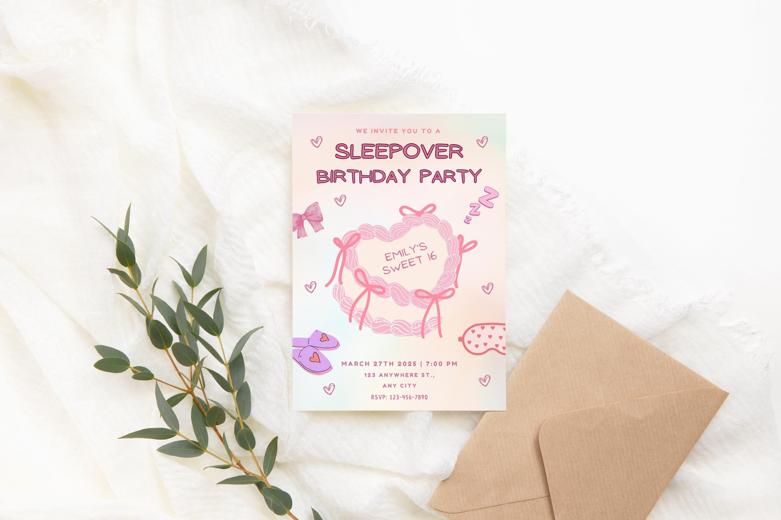 Pink Sleepover Birthday Invitation, Printable Sweet 16th Birthday Party ...
