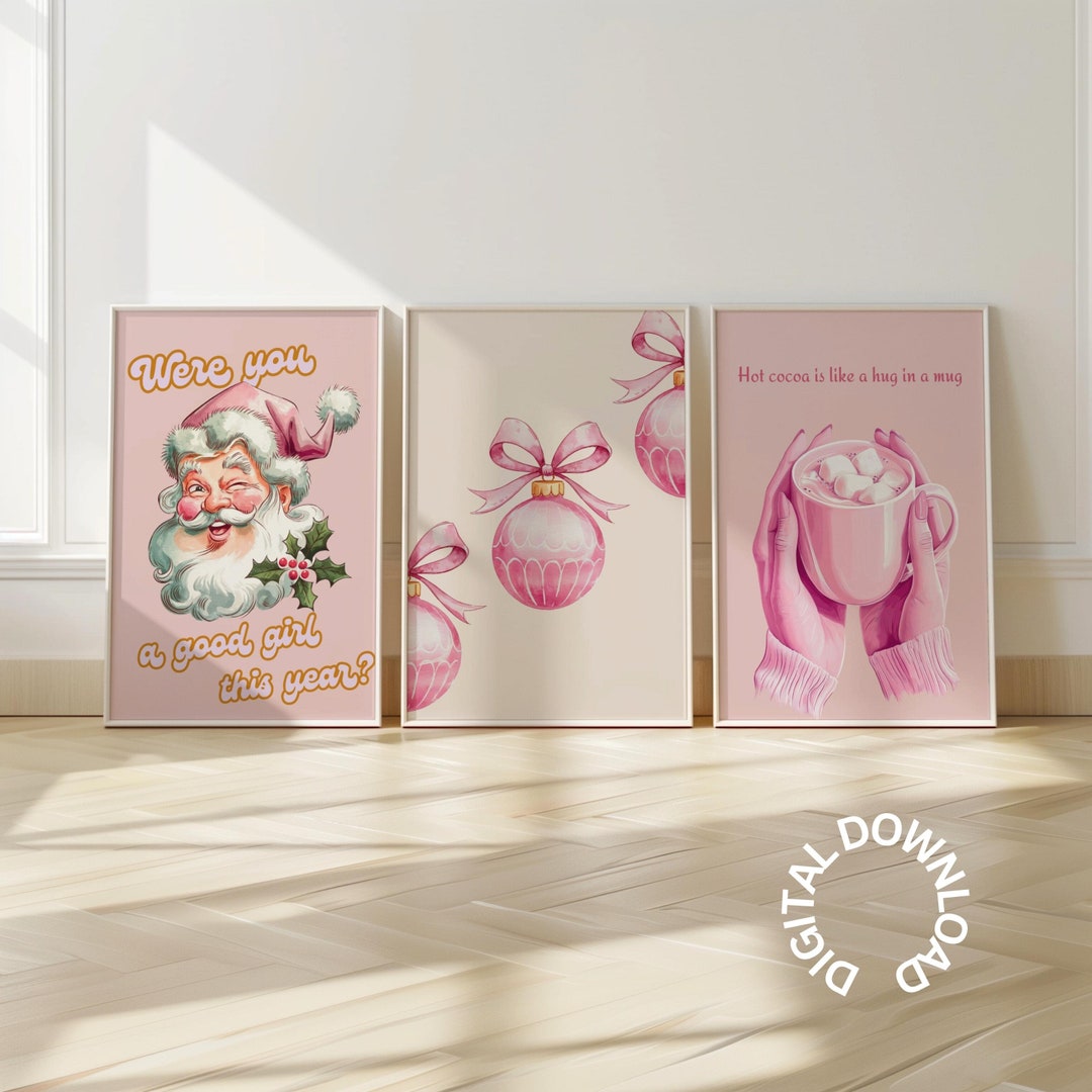Pink Christmas Wall Art Set of 3, Printable Holiday Home Decor, Trendy ...
