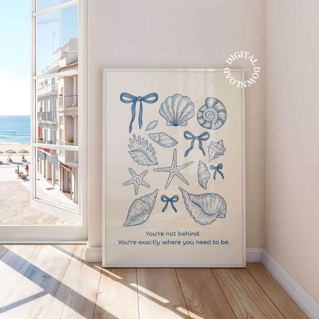 Coastal Seashell Wall Art Printable, Blue Light Beachy Print, Quote ...
