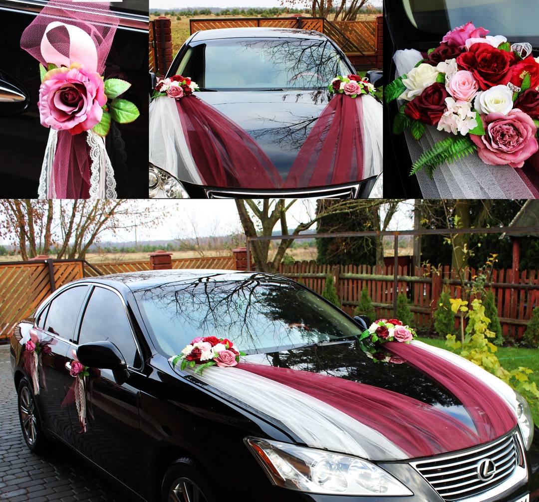 Elegant Wedding Car Flowers - Burgundy Silk Roses Bouquet, Boho Decor ...