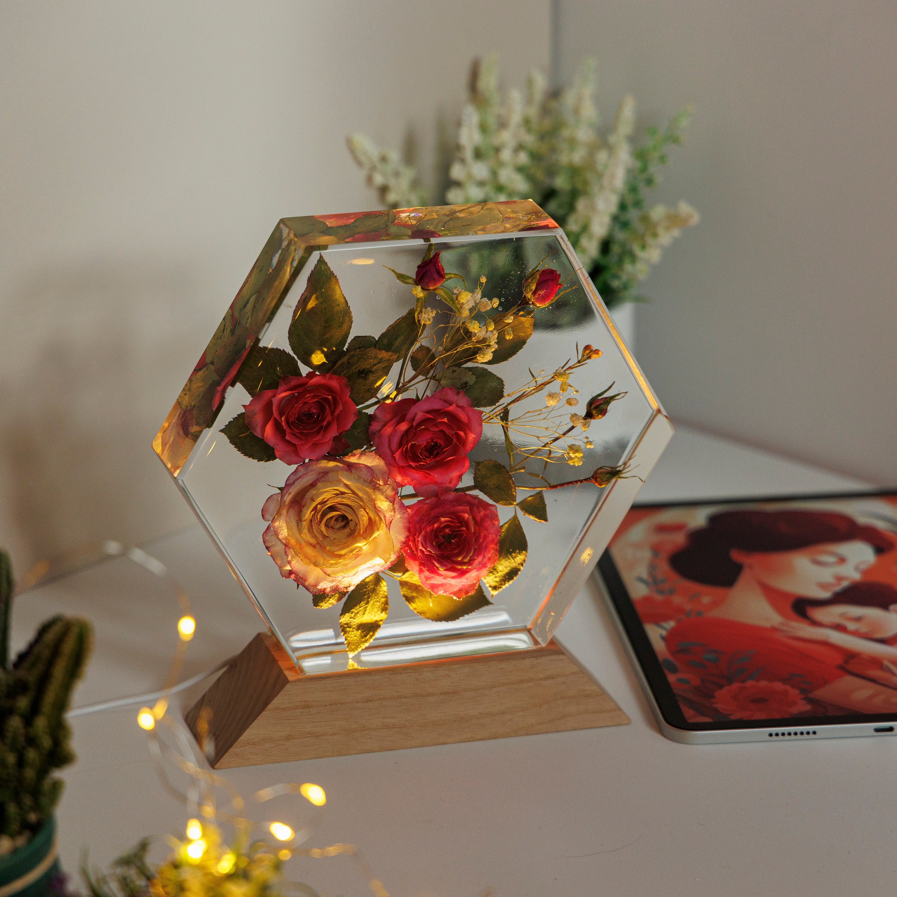 Pink Love Rose Resin Lamp, Nature Flowers Night Light, Pressed Rose ...