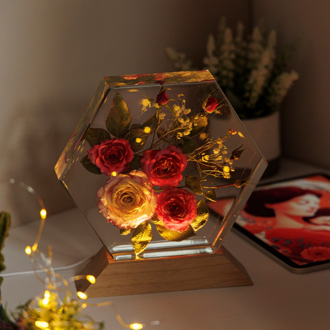 Pink Love Rose Resin Lamp, Nature Flowers Night Light, Pressed Rose ...