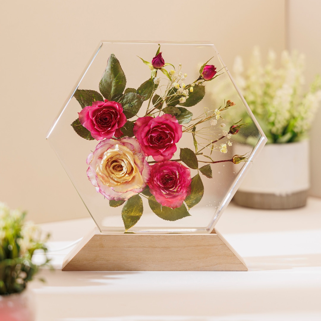 Pink Love Rose Resin Lamp, Nature Flowers Night Light, Pressed Rose ...