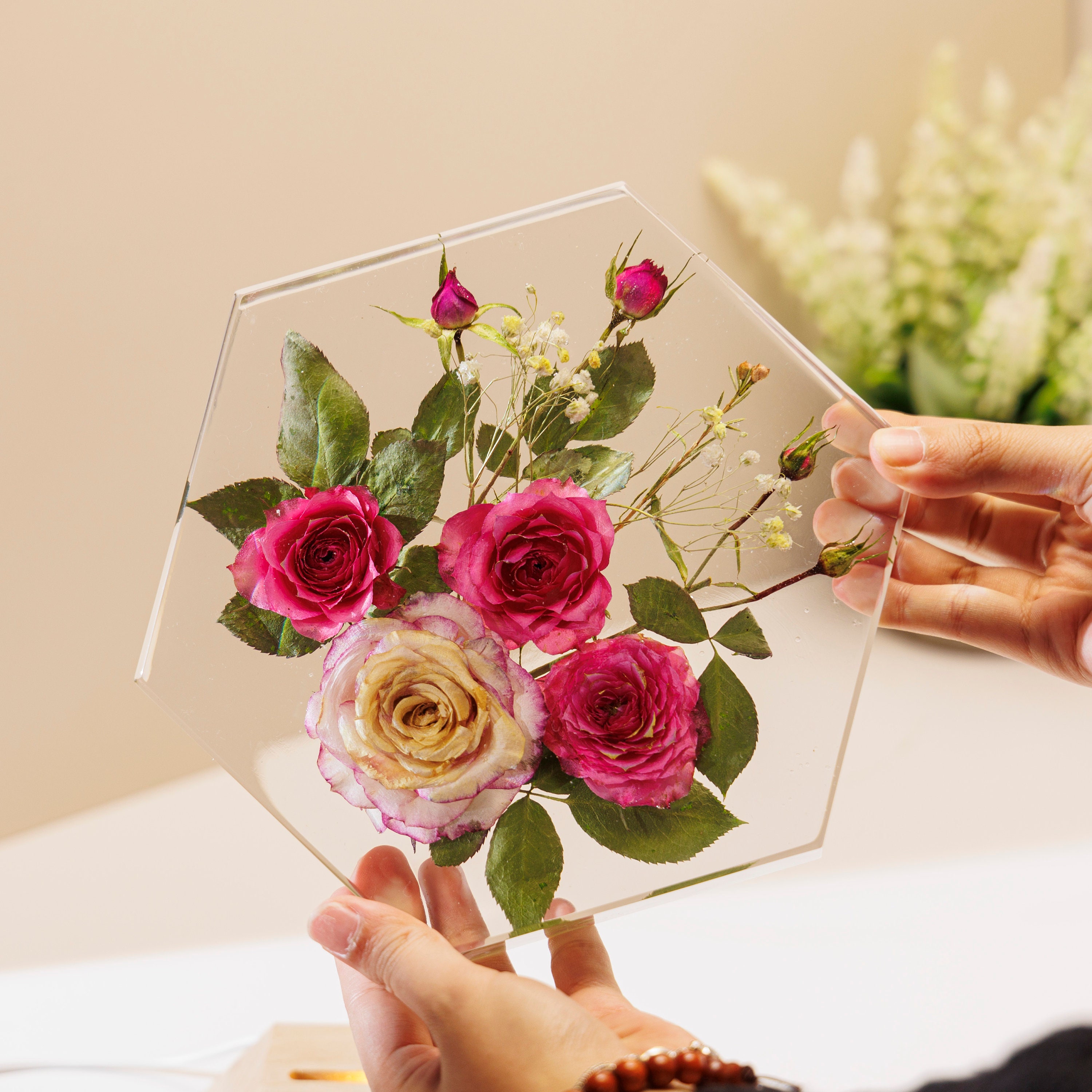 Pink Love Rose Resin Lamp, Nature Flowers Night Light, Pressed Rose ...