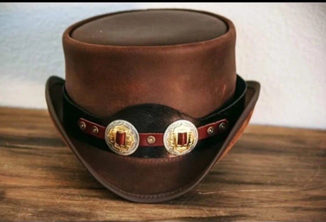 Handmade Brown Leather Top Hat Handcrafted Steampunk Top Hat Conchos ...