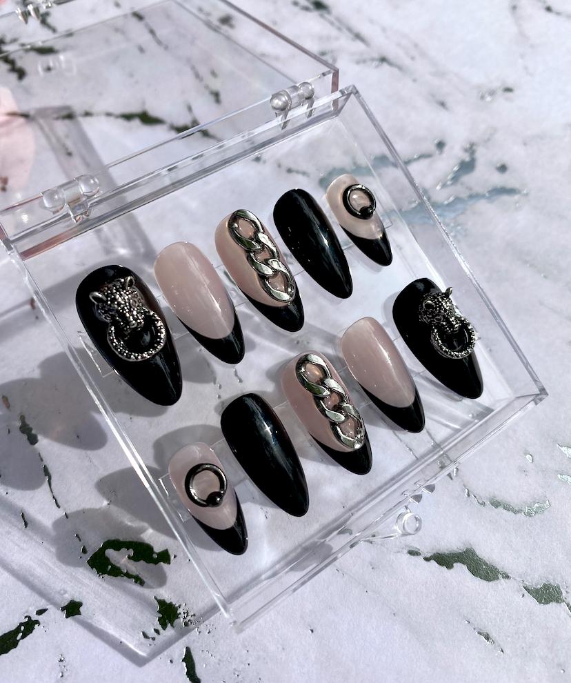 Gothic Style Black French Tip Nails, Chain Press on Nails, Medium ...