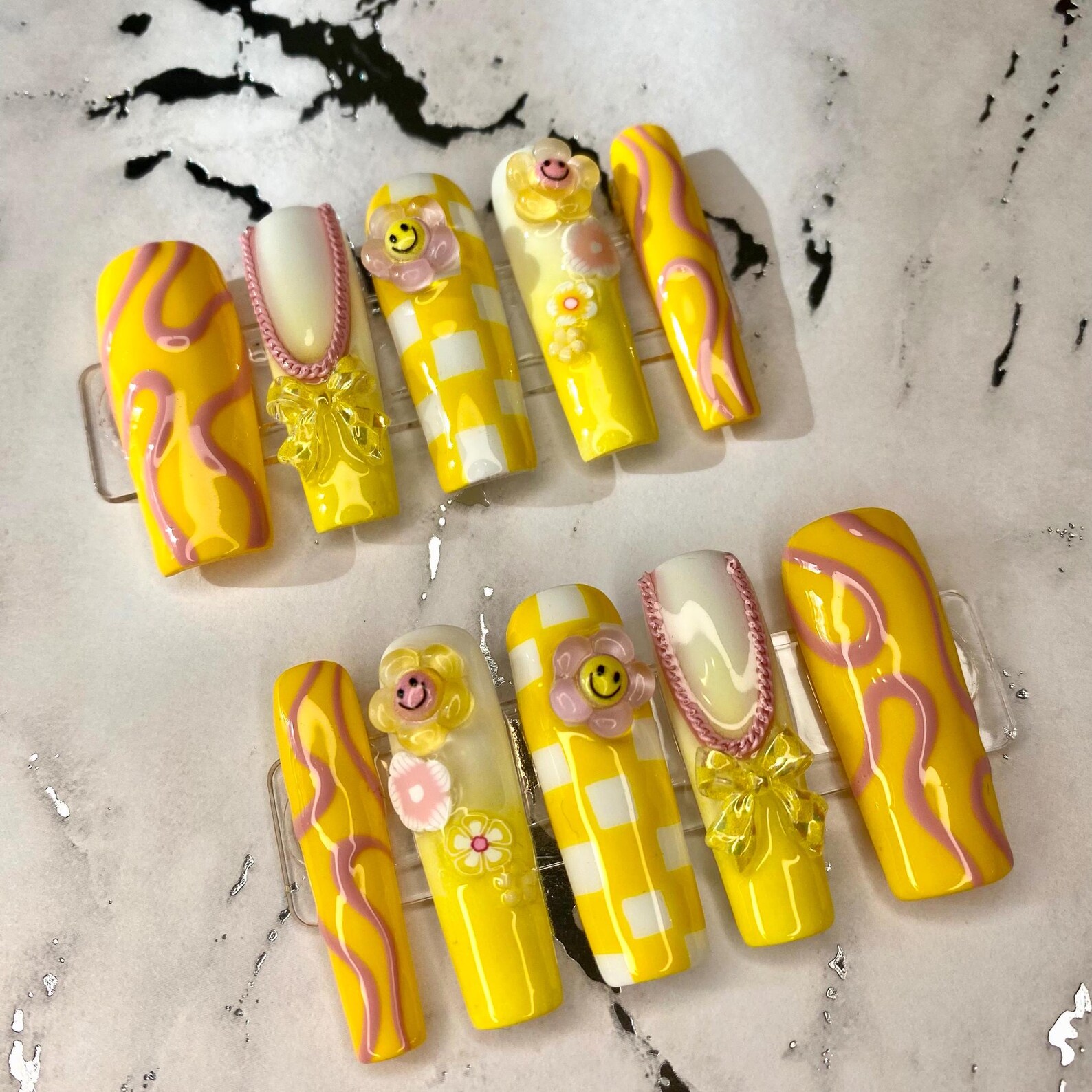 Handmade Press Ons, Long Square, Yellow and Pink Nails, Size Small - Etsy