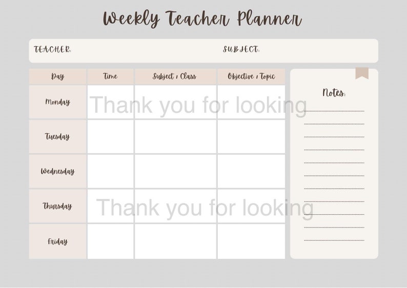 Teacher Planner Sheet, Weekly Printable Teacher Planner Page for Making ...