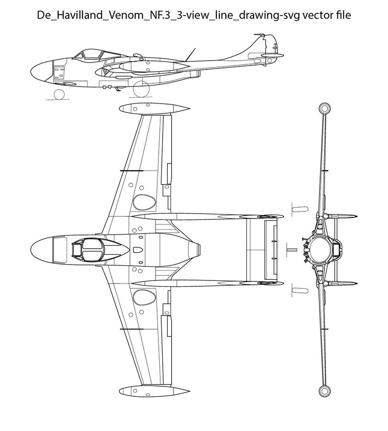 De Havilland Venom NF 3 3 View Drawing Vector File, Black White ...