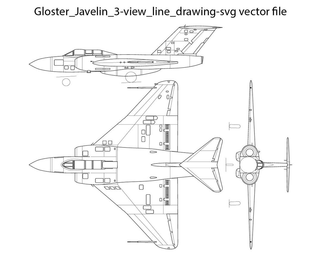 Gloster Javelin 3 View Line Drawing Svg Vector File, Black White ...