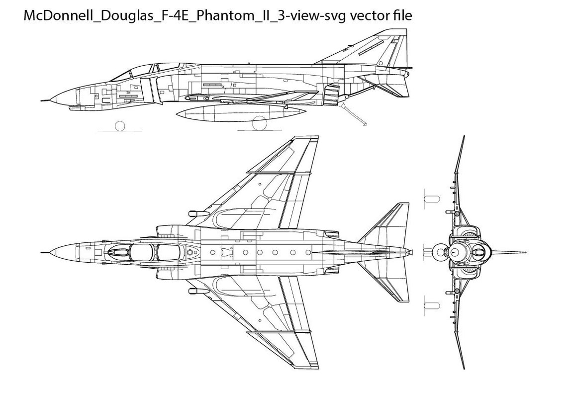 Mcdonnell Douglas F 4E Phantom II 3 View Svg Vector, Black White ...