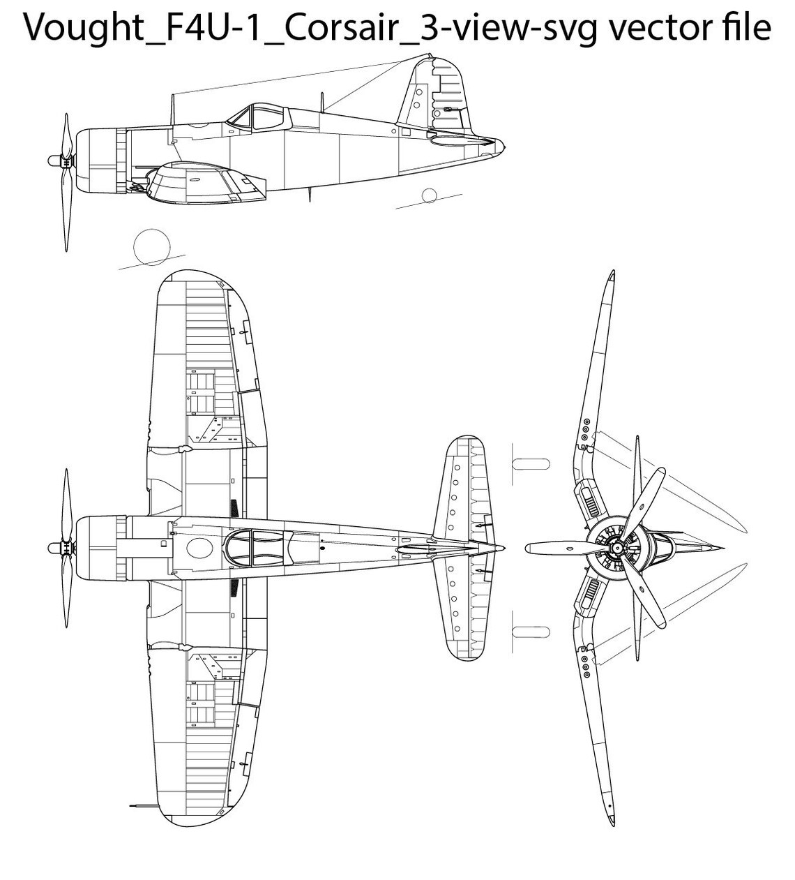 Vought F4U 1 Corsair 3 View Svg Vector File, Black White, Helicopter ...