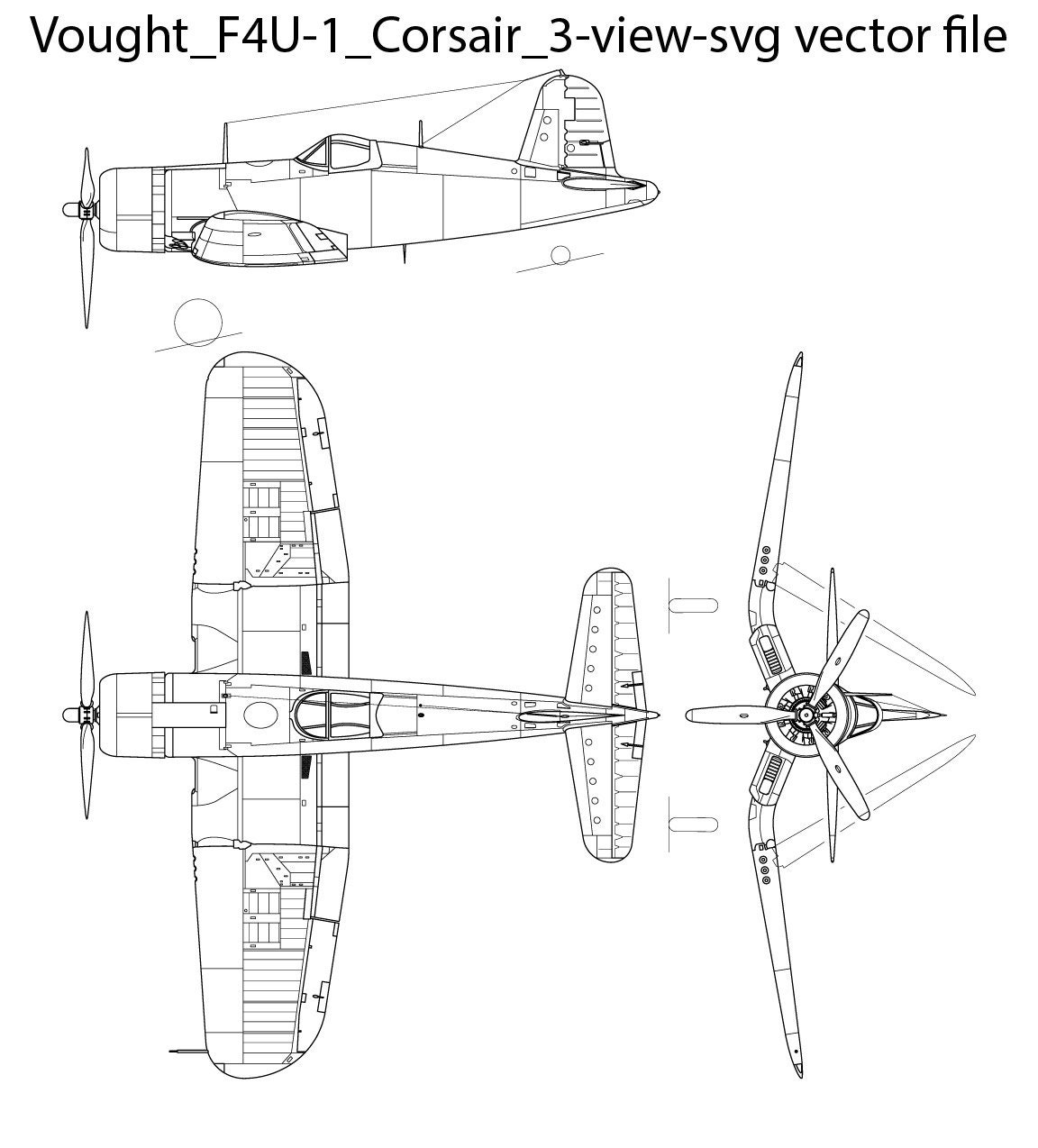 Vought F4U 1 Corsair 3 View Svg Vector File, Black White, Helicopter ...