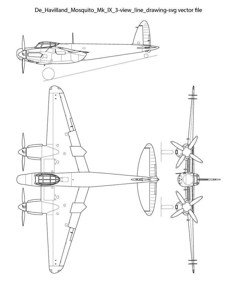 De Havilland Mosquito Mk IX 3 View Line Drawing Svg Black White ...