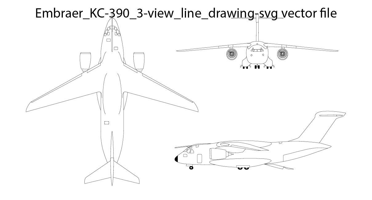 Embraer KC 390 3 View Line Drawing Svg Vector File, Black White ...