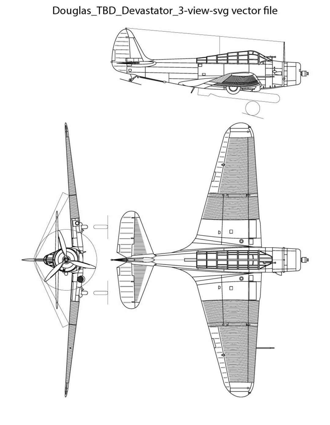 Douglas TBD Devastator 3 View Svg Vector File, Black White, Helicopter ...