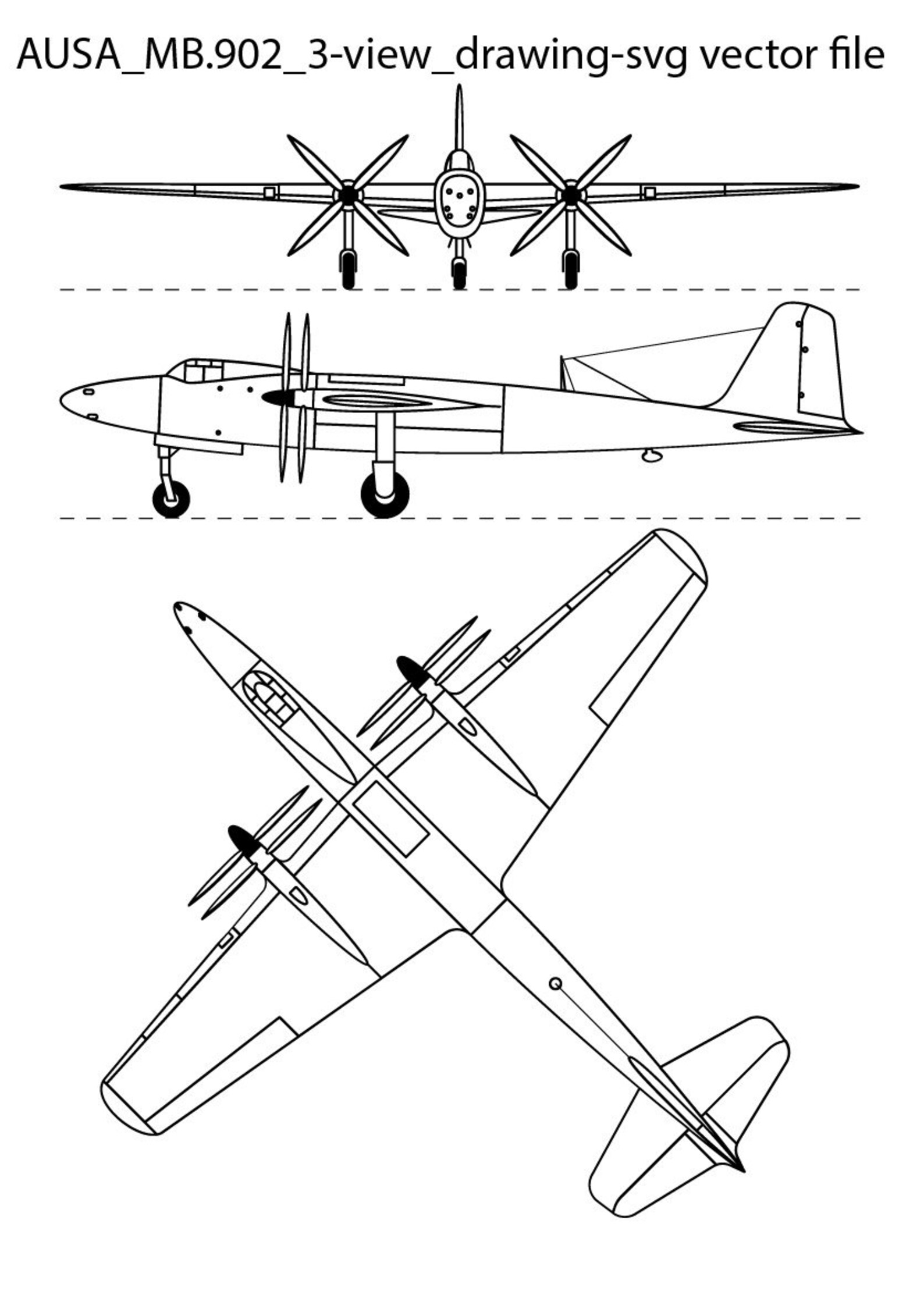 AUSA MB 902 3 View Drawing Svg Vector File , Black White, Helicopter, Jet, Line Art, Cricut ...
