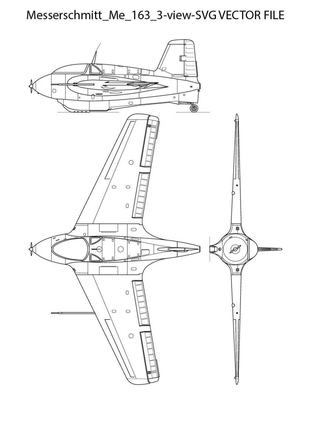 Messerschmitt Me 163 3 View SVG VECTOR FILE, Black White, Helicopter ...