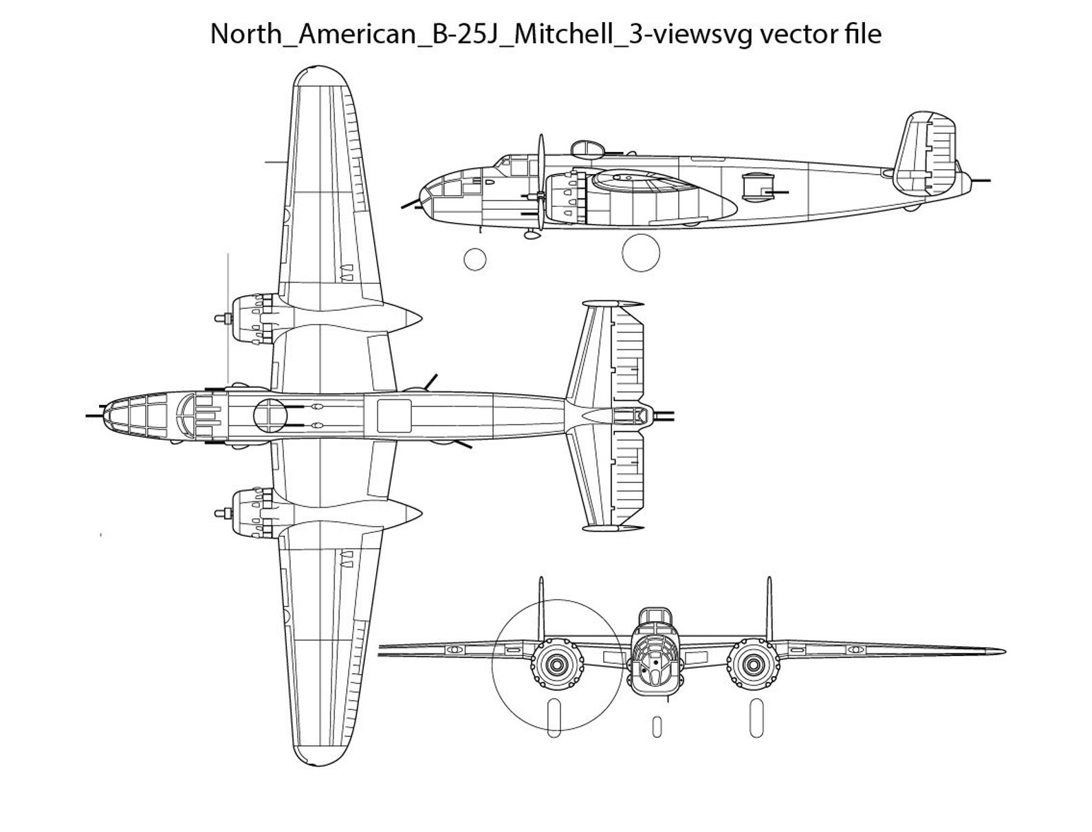 North American B 25J Mitchell 3 View Svg Vector File, Black White ...