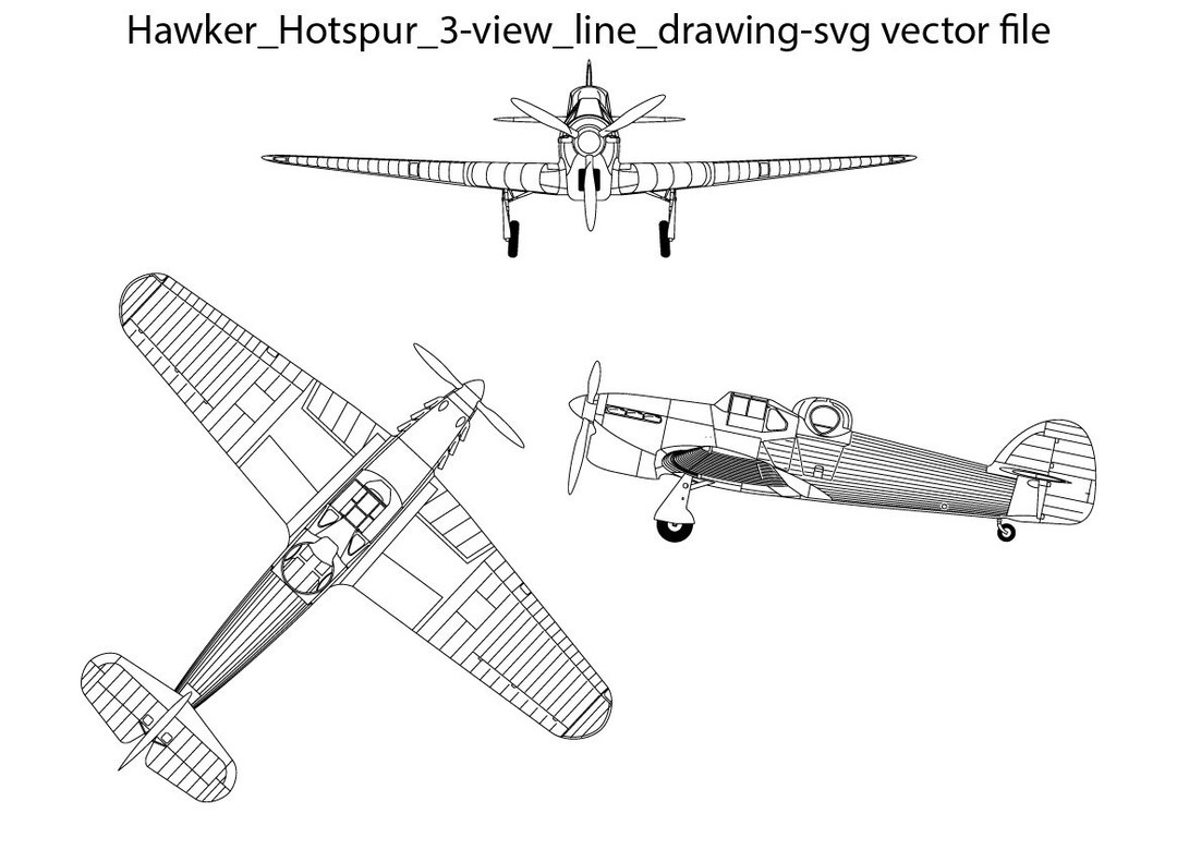 Hawker Hotspur 3 View Line Drawing Svg Vector File, Black White ...