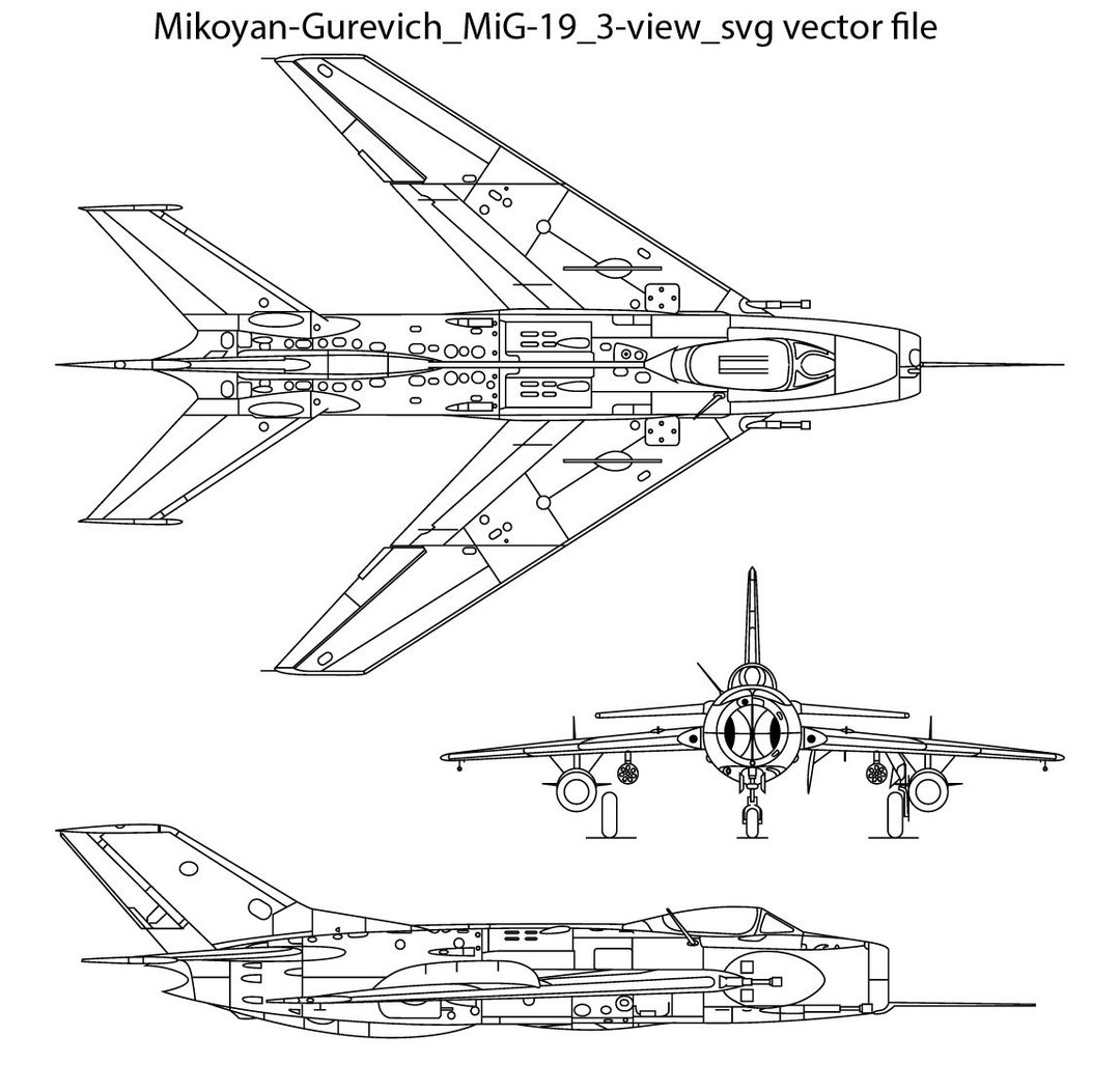 Mikoyan Gurevich Mig 19 3 View Svg Vector File, Black White, Helicopter ...