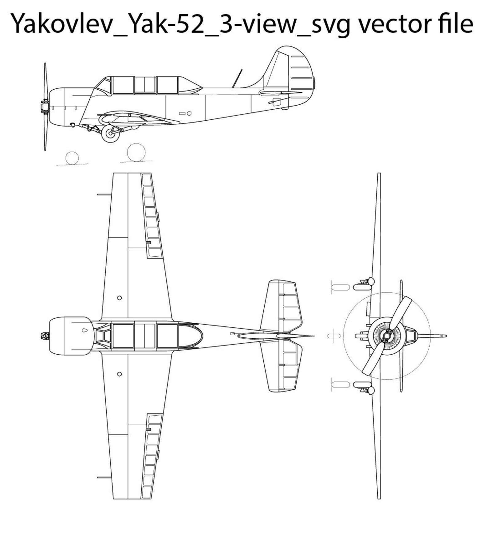 Yakovlev Yak 52 3 View Svg Vector File, Black White, Helicopter, Jet ...