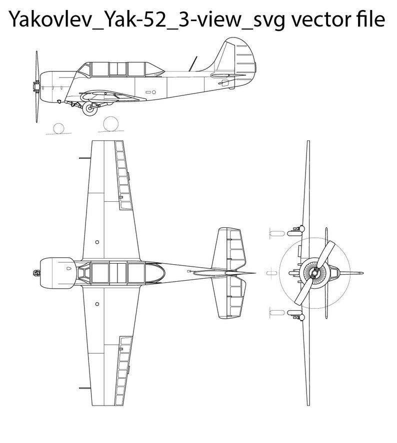 Yakovlev Yak 52 3 View Svg Vector File, Black White, Helicopter, Jet ...