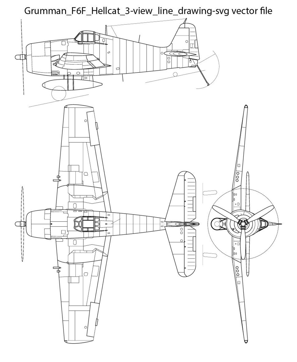 Grumman F6F Hellcat 3 View Line Drawing Vector File, Black White ...