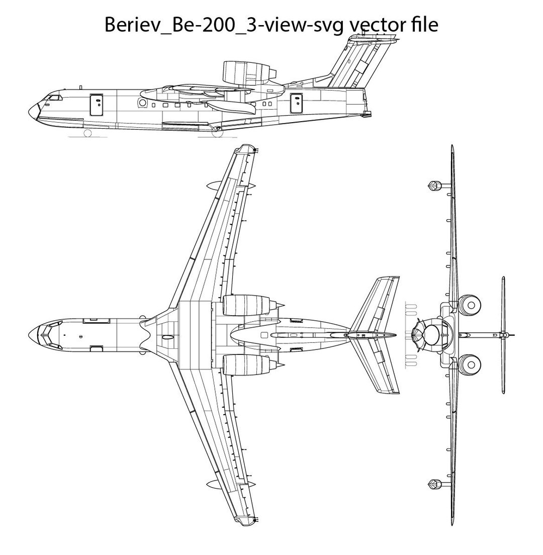 Beriev Be 200 3 View Svg Vector File , Black White, Helicopter, Jet ...