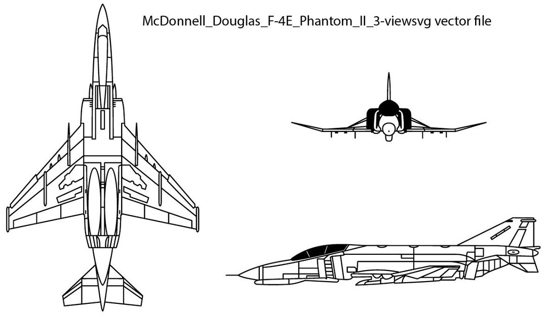 Mcdonnell Douglas F 4E Phantom II 3 View Svg Vector, Black White ...