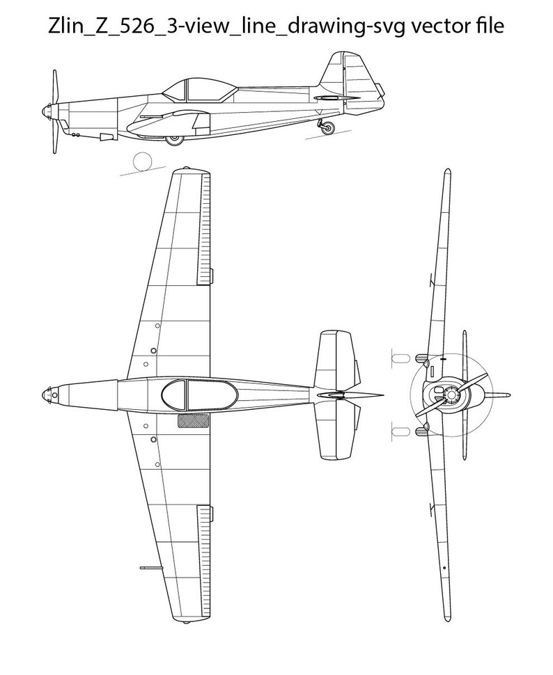 Zlin Z 526 3 View Line Drawing Svg Vector File, Black White, Helicopter ...
