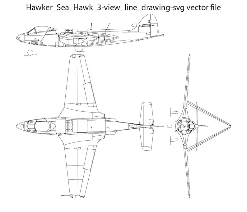 Hawker Sea Hawk 3 View Line Drawing Svg Vector File, Black White ...