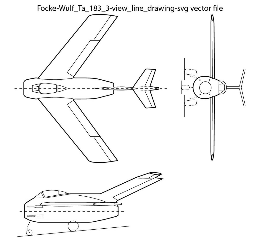 Focke Wulf Ta 183 3 View Line Drawing Vector File, Black White ...