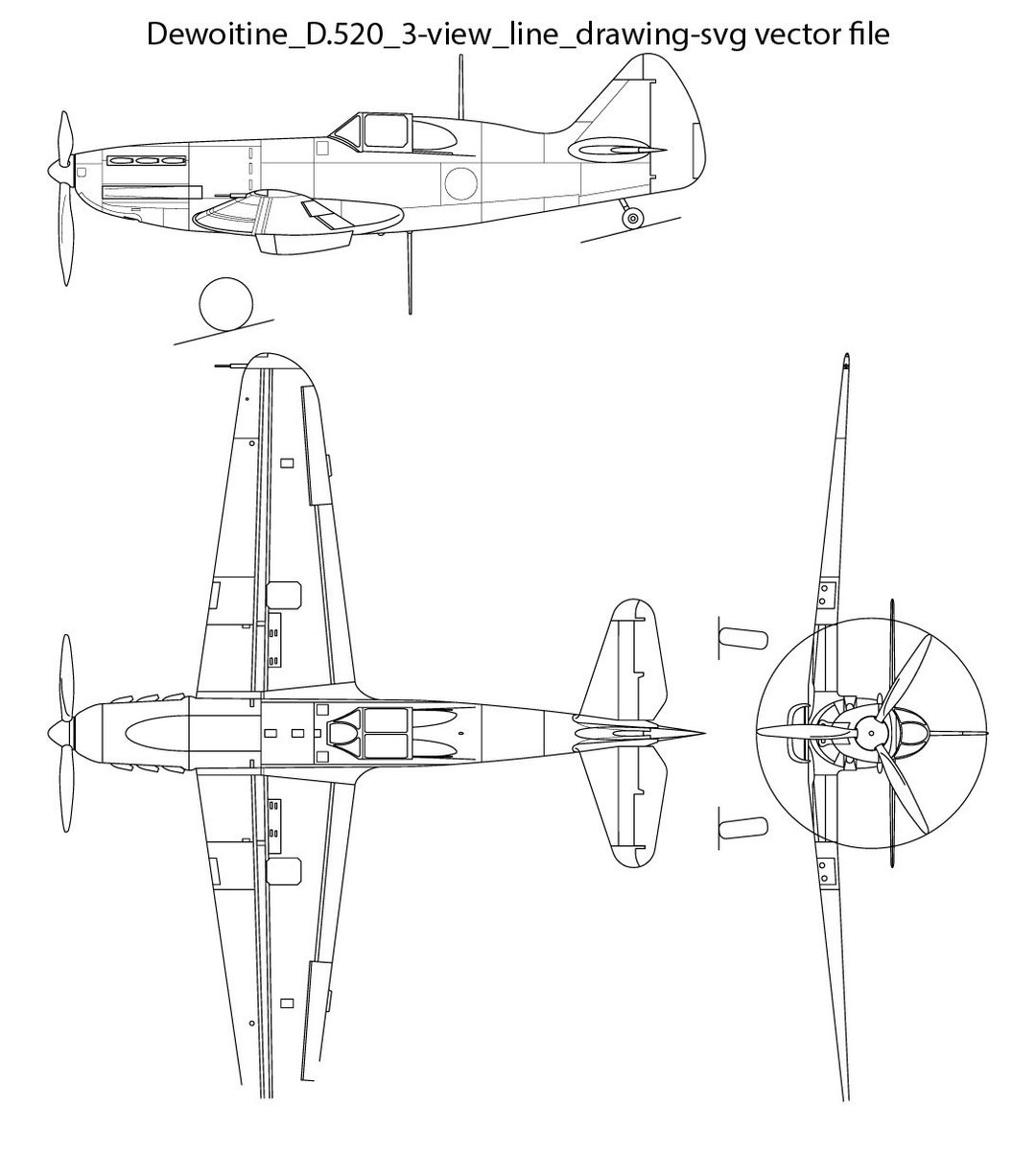 Dewoitine D 520 3 View Line Drawing Svg Vector File, Black White ...