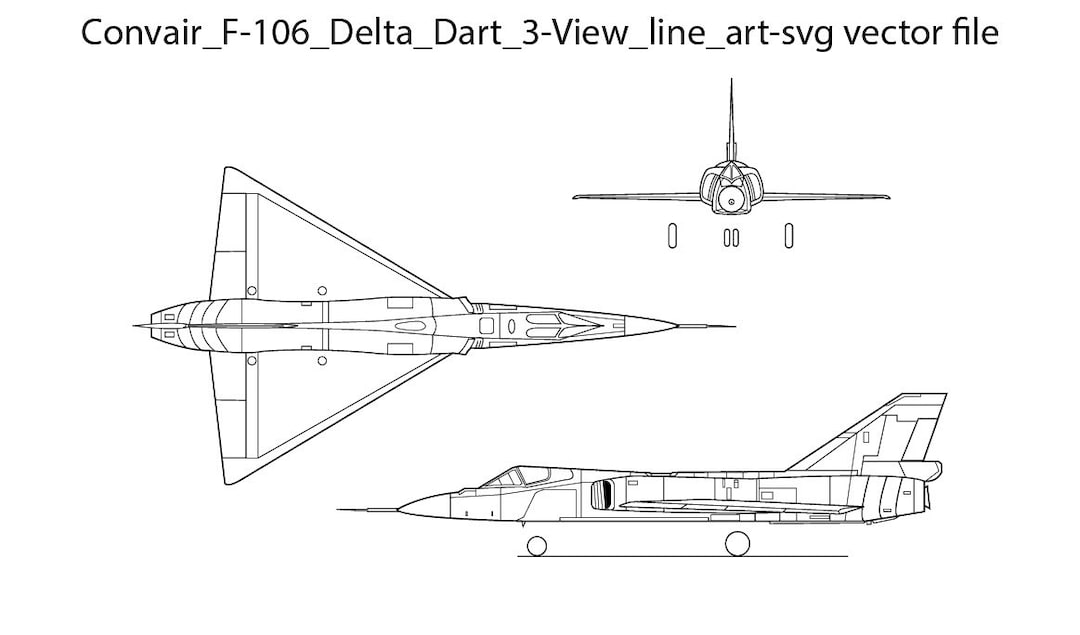 Convair F 106 Delta Dart 3 View Line Art Vector File, Black White ...