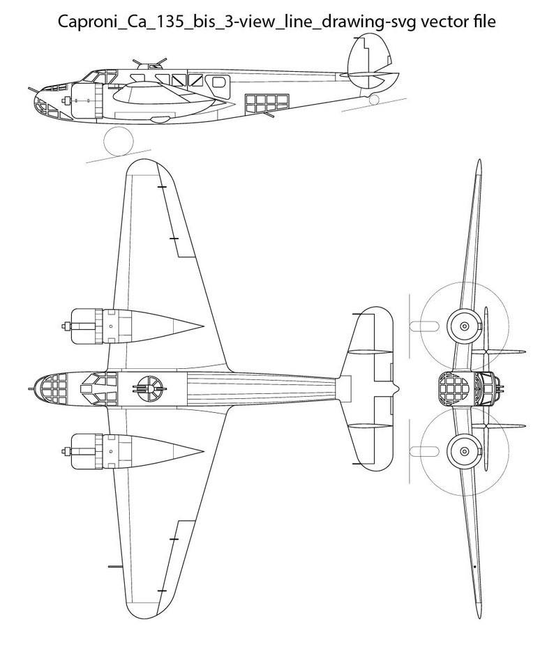 Caproni Ca 135 Bis 3 View Line Drawing Vector File, Black White ...