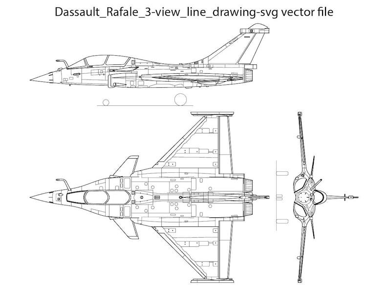 Dassault Rafale 3 View Line Drawing Svg Vector File, Black White ...