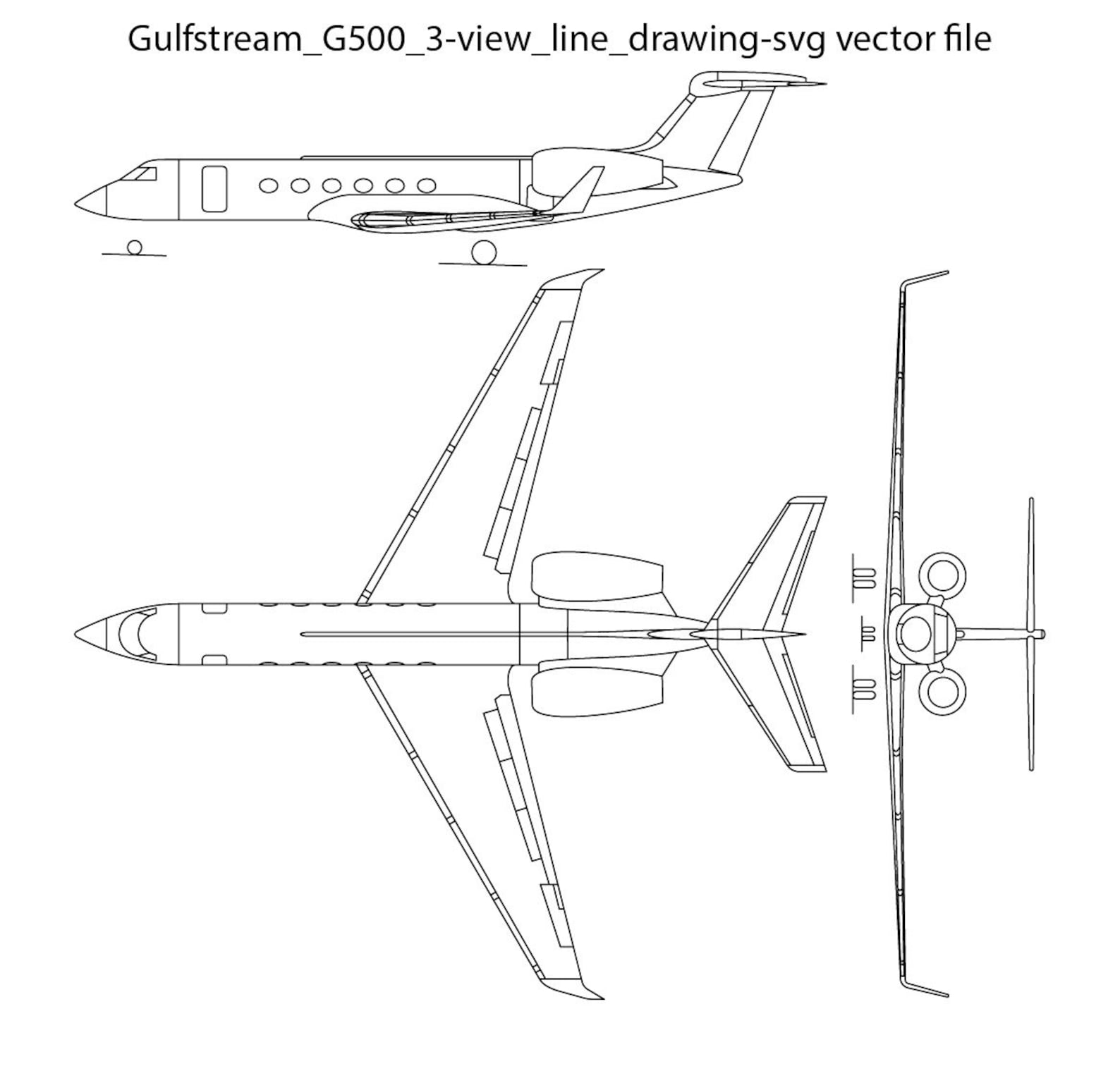 Gulfstream G500 3 View Line Drawing Svg Vector File, Black White ...