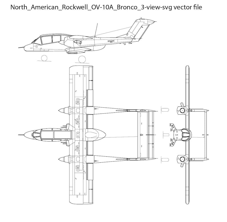 North American Rockwell OV 10A Bronco 3 View Vector, Black White ...