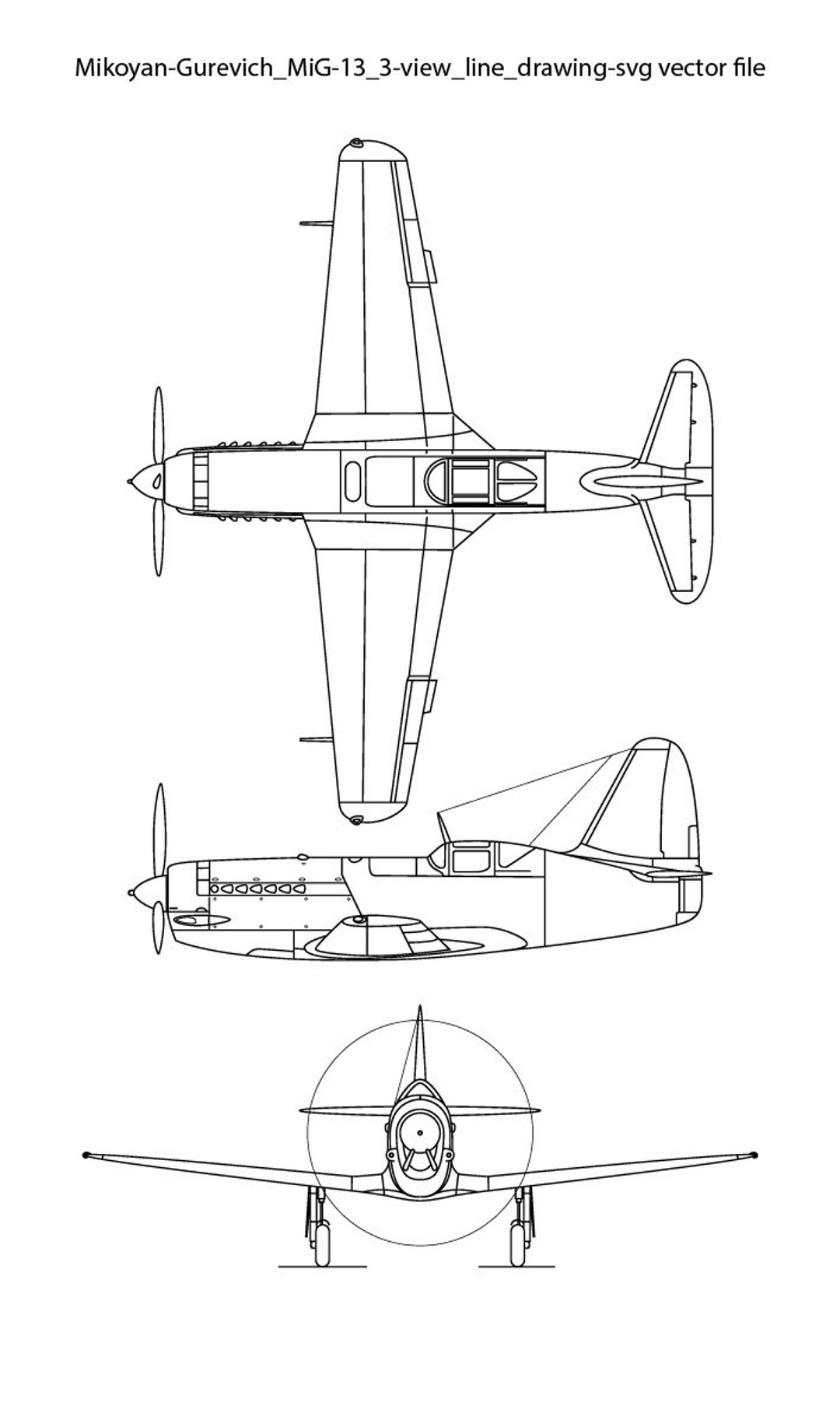 Mikoyan Gurevich Mig 13 3 View Line Drawing Svg Vector File, Black ...