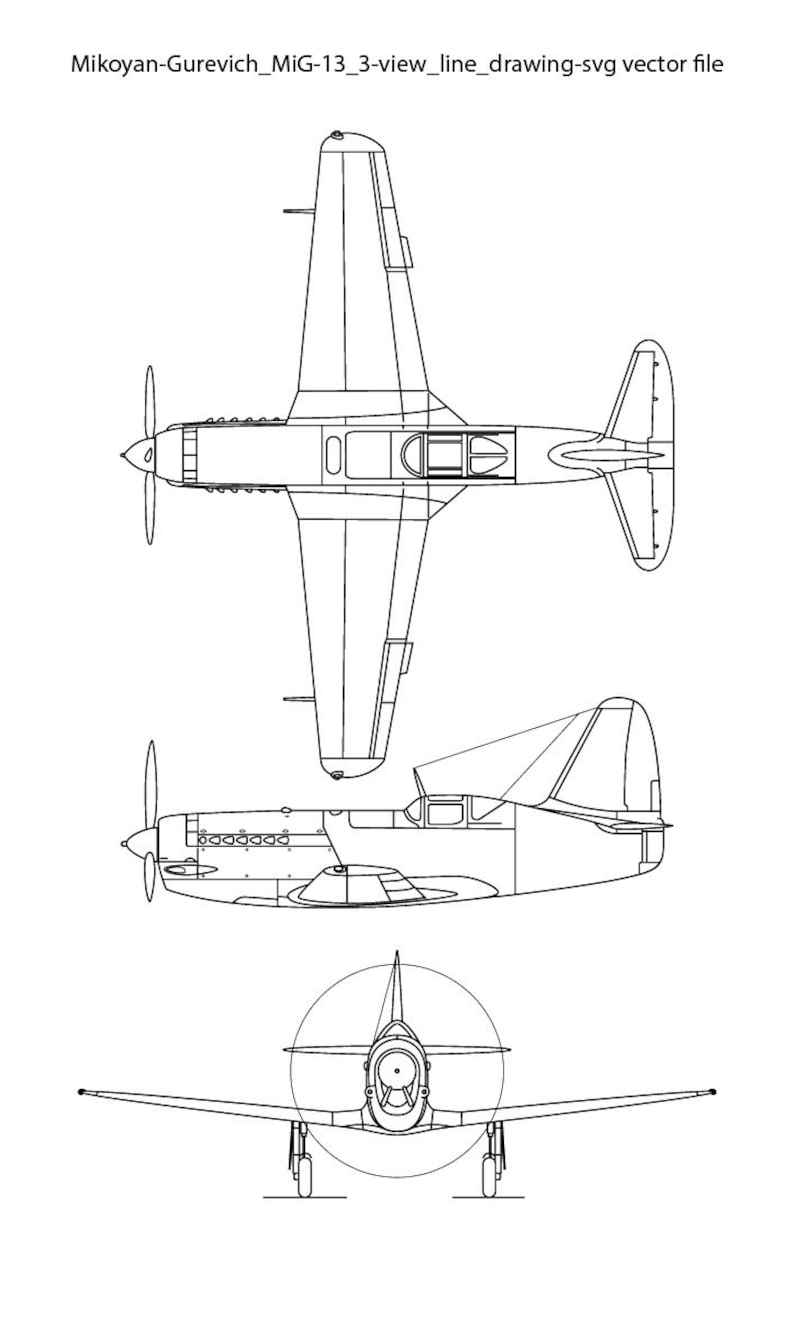 Mikoyan Gurevich Mig 13 3 View Line Drawing Svg Vector File, Black ...