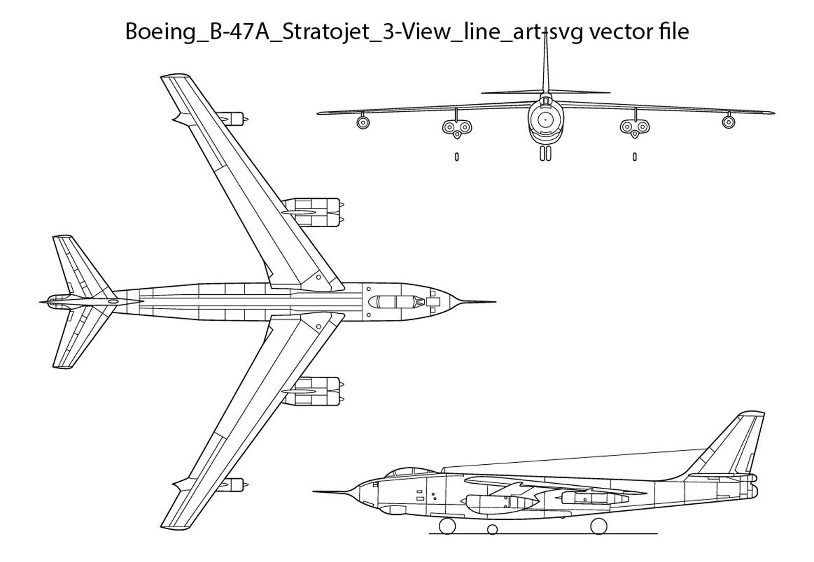 Boeing B 47A Stratojet 3 View Line Art Vector File , Black White ...